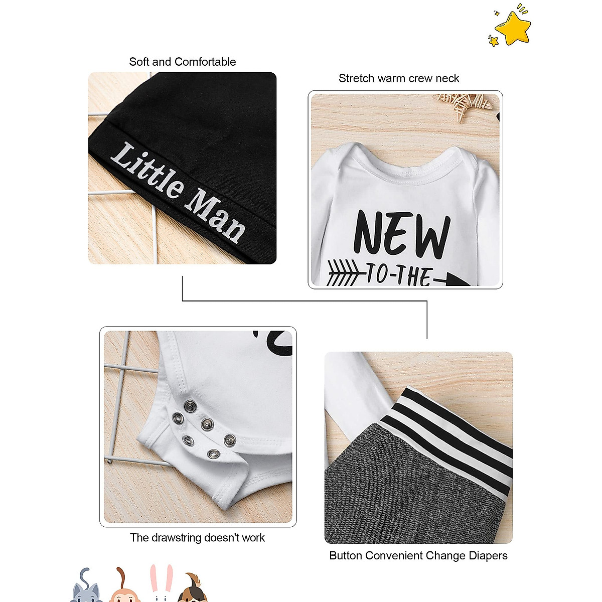 Baby Boy Clothes 0-3 Months Baby Clothes Boy New to The Crew Print Romper Pants Hat 3PCS Baby Boy Outfits White