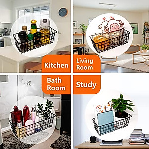 Joben Oligey 6 Set (2 SIZE) Hanging Wire Baskets ,Wall Mount Fruit Basket,No Drilling,Adhesive Metal Basket,Farmhouse Food Storage Mesh Bin Kitchen Pantry Laundry Bathroom Closet Garage RV ,Black