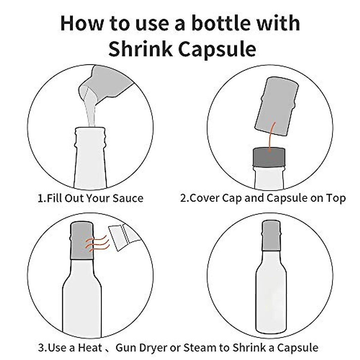 YULEER 15 Pack Hot Sauce Bottles, 8.5 oz Woozy Bottles with Leak Proof Screw Black Cap, Shrink Capsule, Round Glass Bottles for DIY Hot Sauce, BBQ Sauce