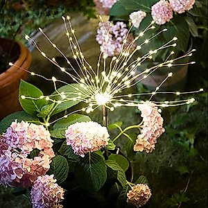 IEBIYO Outdoor Decorations Fireworks Lights for Garden, 4 Pack 120 LED Solar Powered Fireworks Lights, 8 Modes Copper Wire Waterproof Landscape Sparkles Light for Fence, Path, Wedding, Patio