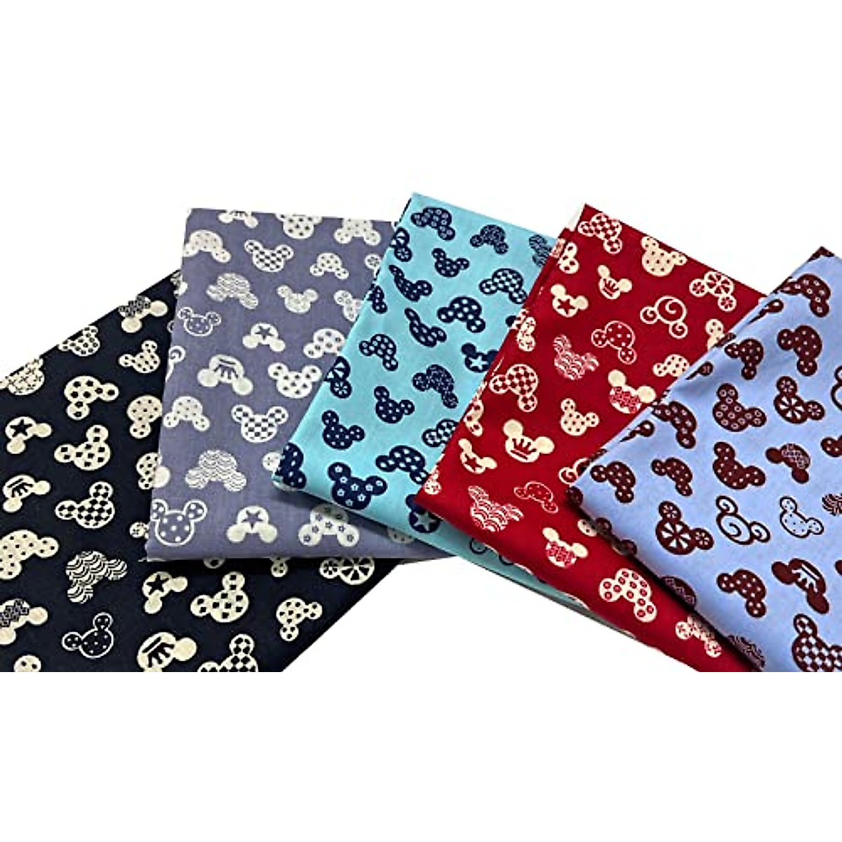 Disney Mickey Mouse Minnie Heads Character Cartoon Pattern 100% Cotton in Different Color Quilting Fabric for Patchwork Needlework DIY Sewing Crafting Precut Face Mask 18x22 Inches (Set of 5 Pieces)