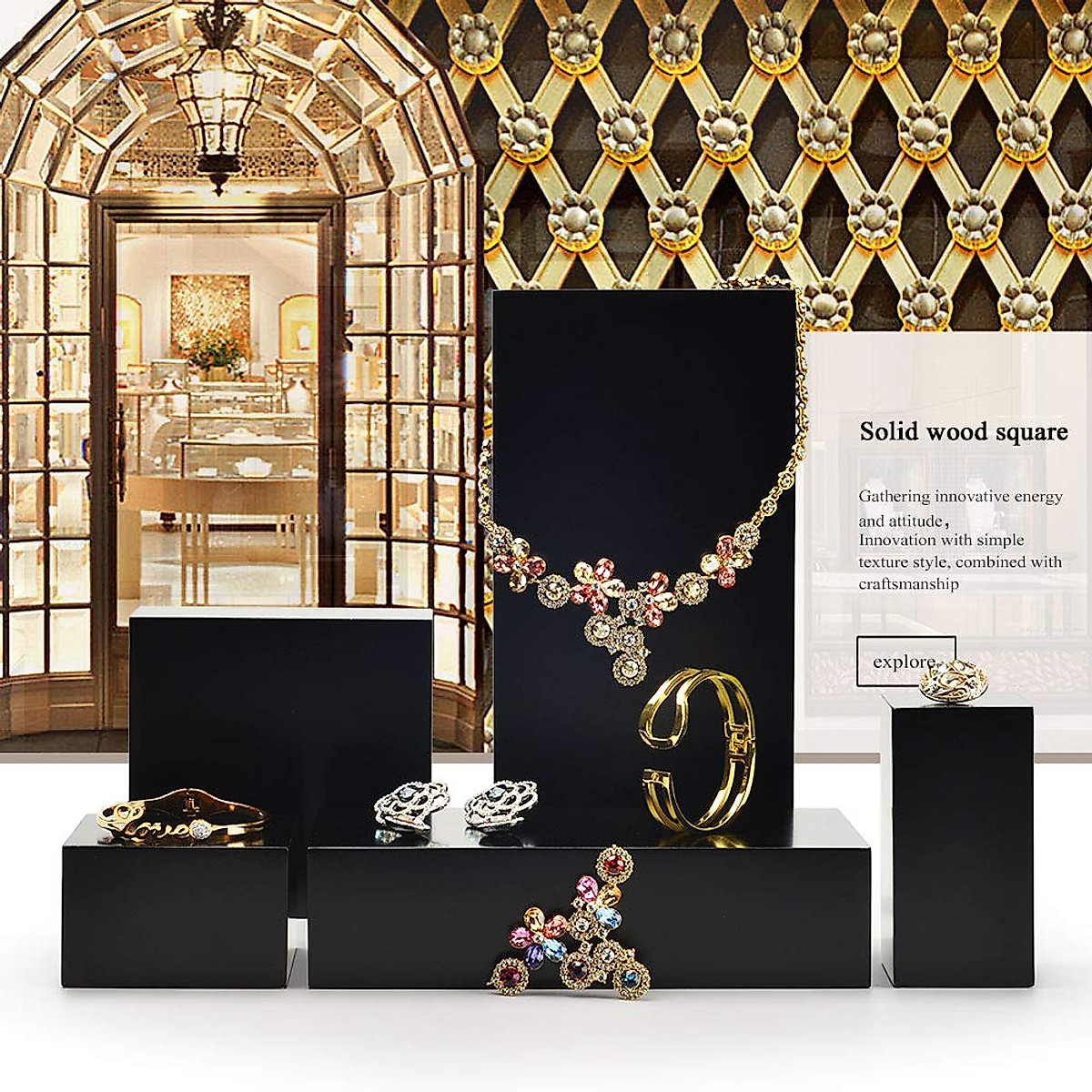 Oirlv Solid Wood Minimalism Style Jewelry Display Stand Showcase Jewelry Organizer Black Square Holder (SM05303)