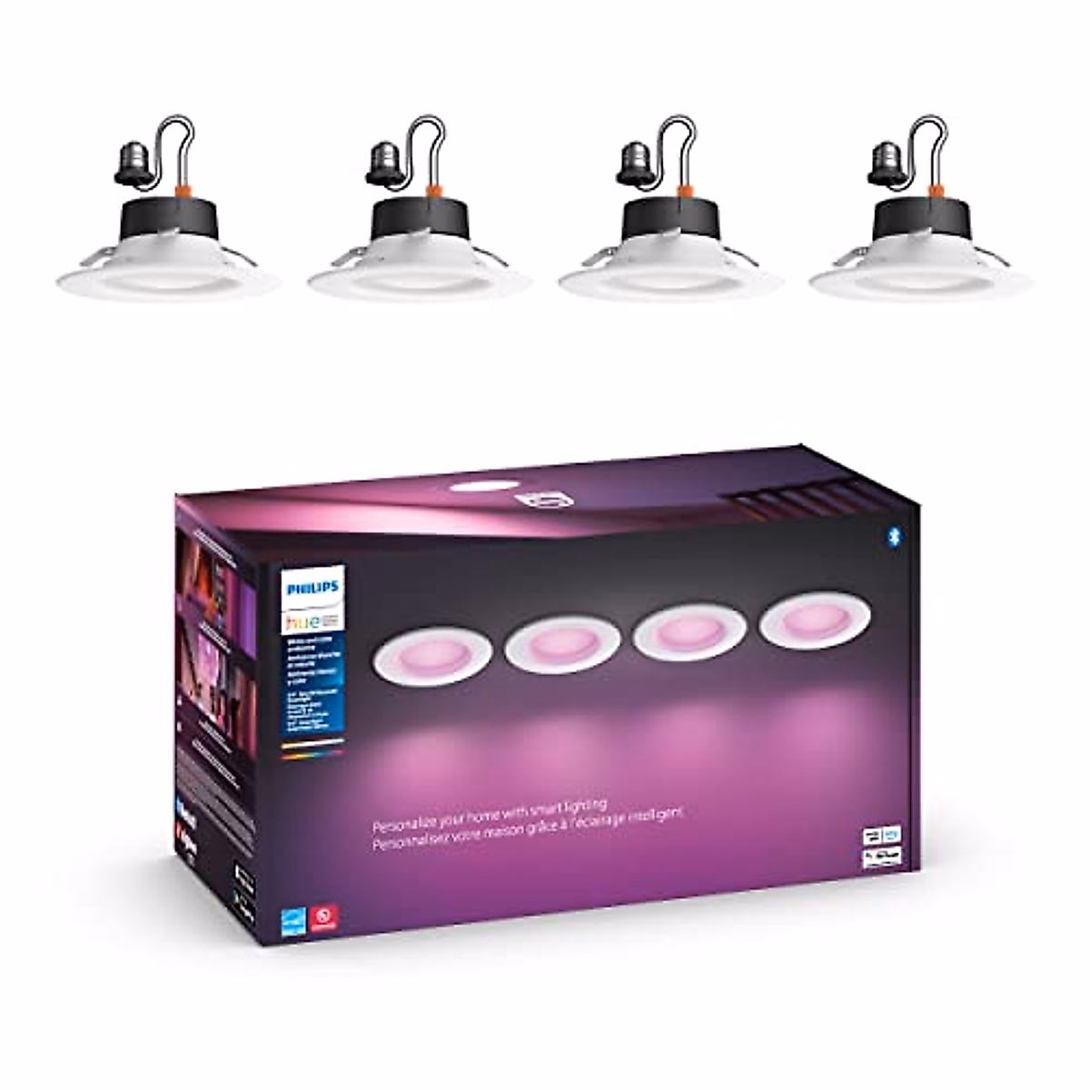 Philips Hue White and Color Ambiance Extra Bright Dimmable Recessed LED Smart 6" Downlight for Retrofit Cans-4 Count (Pack of 1) (578674) & Bridge Smart Lighting Hub - White