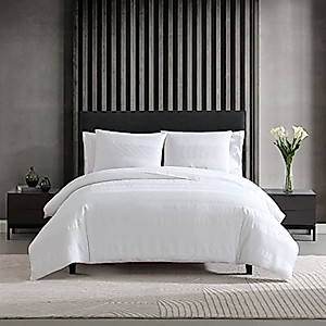 Vera Wang - Queen Duvet Cover Set, Luxury Cotton Bedding with Matching Shams, All Season Home Decor (Waffle Stripe White, Queen)