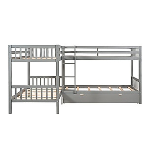 MERITLINE Quad Bunk Beds with Storage,4 Twin Bunk Bed for Kids, Solid Wood L Shaped Bunk Bed 4 Bed Bunk Beds for Kids,Teens, Adults,Grey