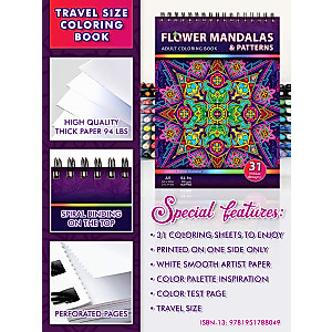 Flower Mandalas and Patterns. Travel Size Coloring Book for Adults on Thick Artist Paper with a Spiral Binding on The Top