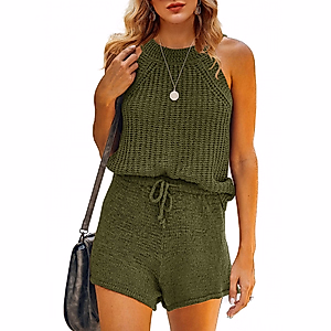 Ybenlow Womens Two Piece Outfits Summer High Neck Sleeveless Knit Sweater Tank Tops with Drawstring Beach Shorts Sets