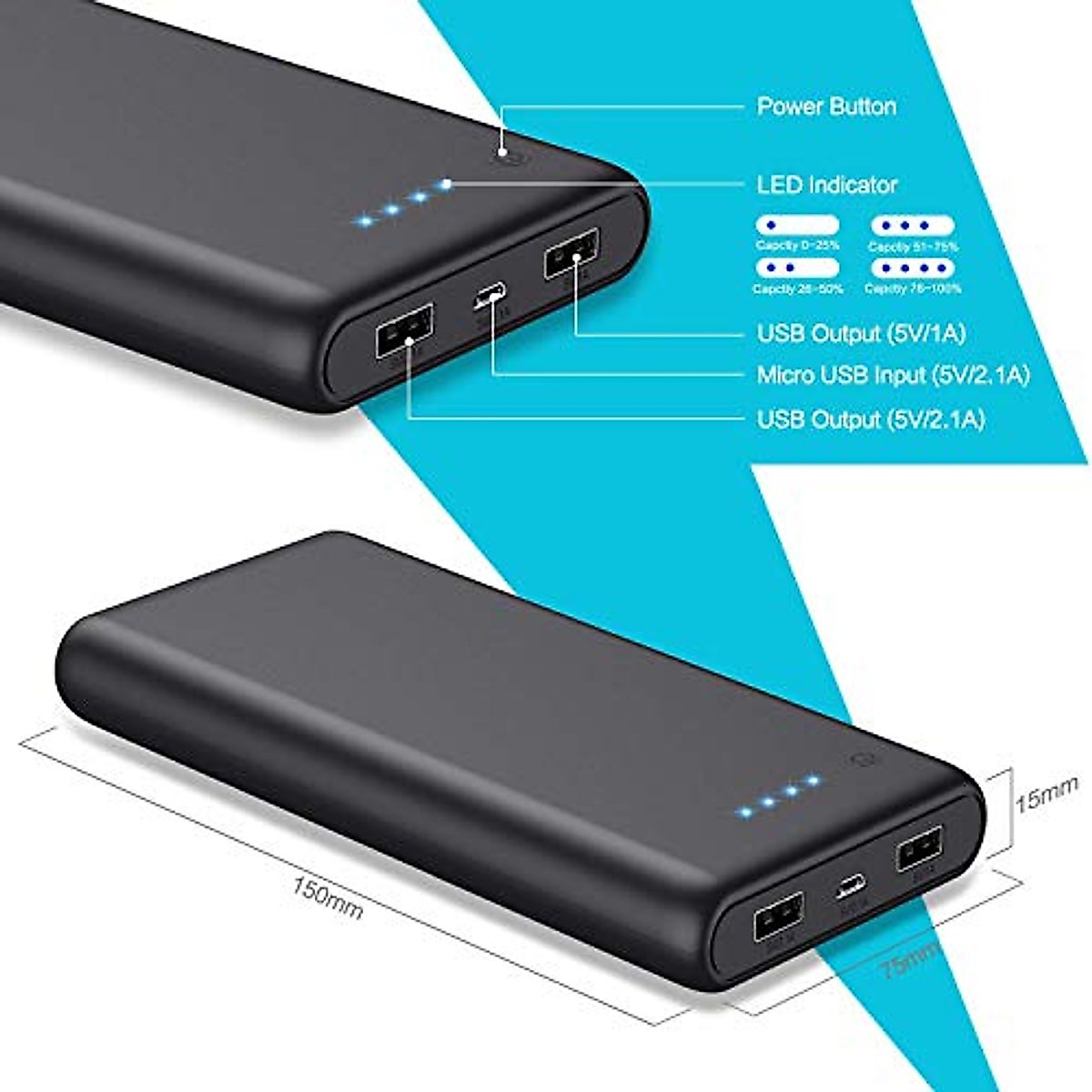 Portable Charger 26800mAh【2022 Upgrade High Capacity】Power Bank Ultra Compact External Battery Pack Backup with 4 LED Lights,Dual USB High-Speed Charging Compatible with iPhone 13 Samsung Android etc