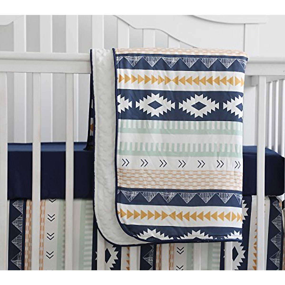 Baby Boy Crib Bedding Arizona Woodland Tribal Aztec Buck Nursery Crib Skirt Set Minky Blanket Navy Crib Sheet Crib Rail Bedding Set (Navy Aztec Buck, 3 Pieces Set)