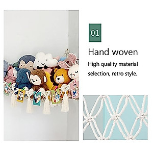 Stuffed Animal Toy Storage Hammock, BetterJonny Toy Hammock Macrame Stuff Animal Storage Corner Hanging Net Holder with Hanging Hardware for Plush Toys Kids Bedroom Décor 55 inch