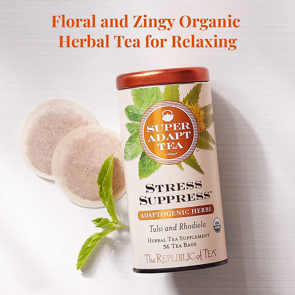 The Republic of Tea - SuperAdapt Stress Suppress Herbal Tea, 36 Tea Bags, Organic, Caffeine Free, Tulsi and Rhodiola Herbal Tea