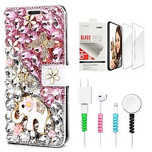 STENES Bling Wallet Phone Case Compatible with Samsung Galaxy S23 - Stylish - 3D Handmade Crystal Elephant Butterfly Flower Leather Cover with Screen Protector & Cable Protector - Pink