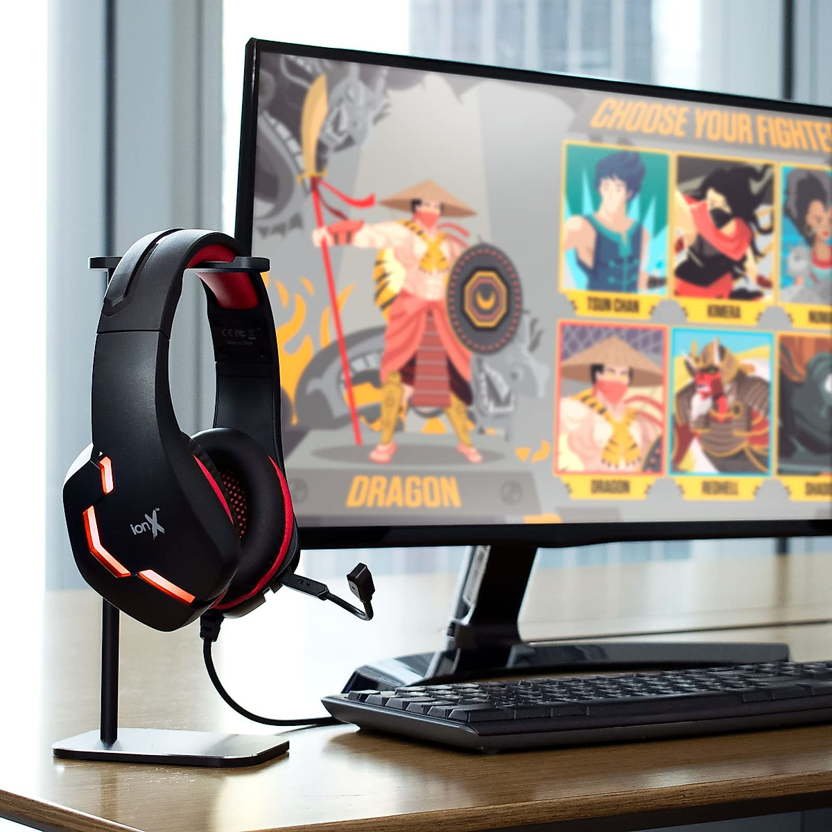 ionX Professional Wired Gaming Headset Compatible with Windows, macOS, PlayStation 5, Xbox Series S, X, Nintendo Switch, Android, and iOS, with Adjustable Boom Microphone and LED Lighting (Red)