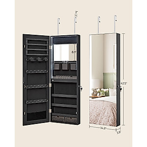 SONGMICS Jewelry Cabinet Armoire Organizer with LED Lights, Wall-Mounted Storage Cabinet with Full-Length Frameless Mirror, Built-in Makeup Mirror, 2 Drawers, Lockable, Black UJJC013B01