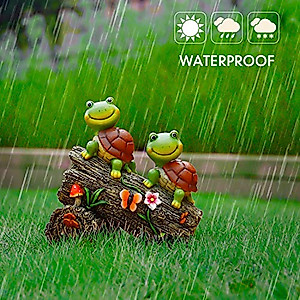 WOGOON Garden Turtle Figurines Outdoor Decorations, Solar Powered Sweet Frog Face Turtles Resin Statue with 4 LED Lights, Garden Art Spring Fall Winter Christmas Decor for Patio Lawn Yard