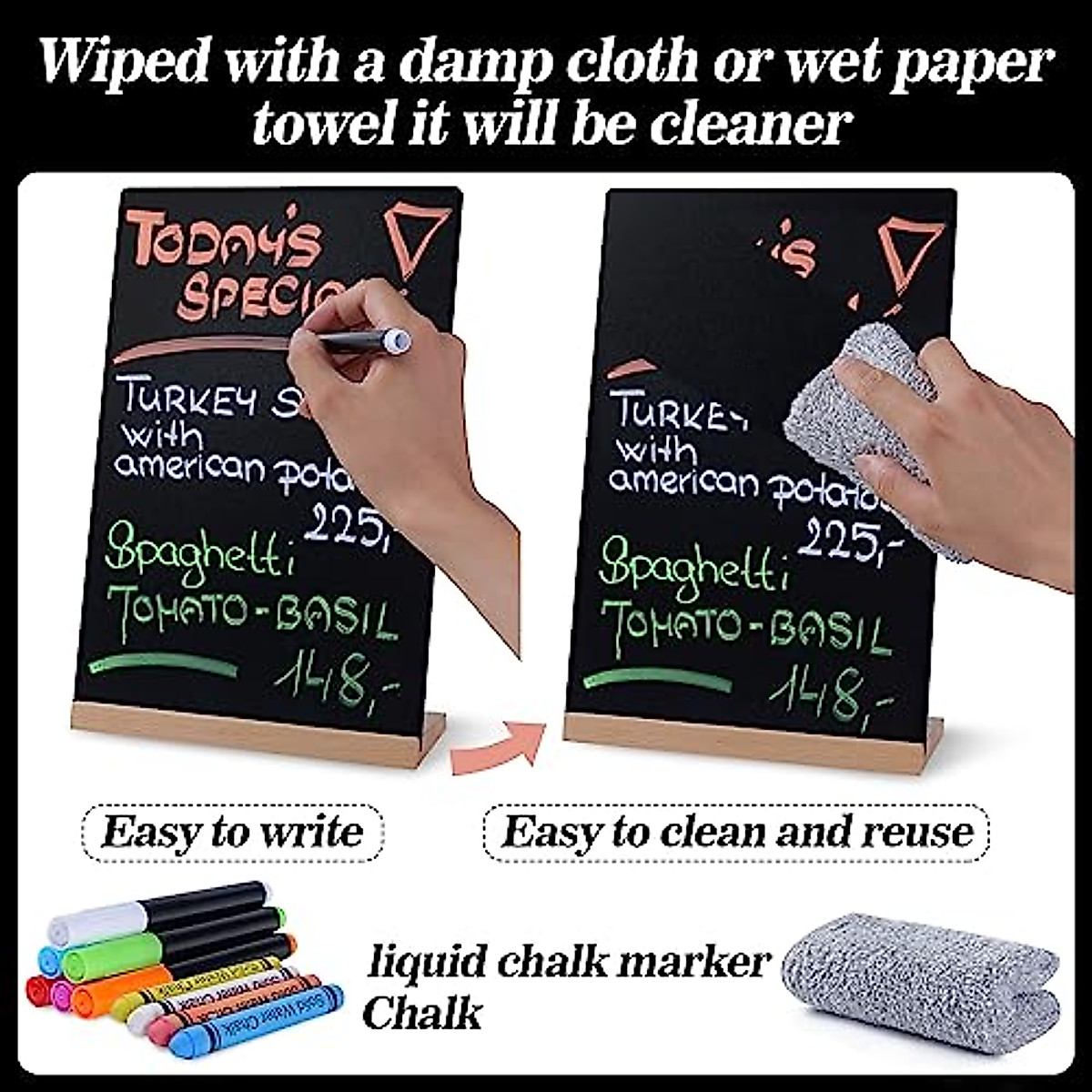 8 x 12" Chalkboard Sign, Reusable Double Sided Small Chalkboard Signs with Wooden Base Stand, Menu Chalk Board Sign Store Food Signs for Party, Tables Decoration, Bar and Restaurant (1 Pack)