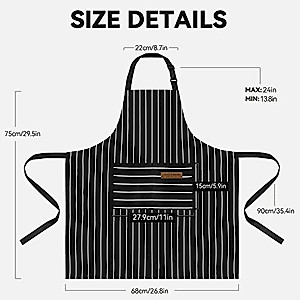Riqiaqia 2 Pack Kitchen Cooking Aprons, Soft Cotton Apron with 2 Pockets for Women Men Chef (Black Stripes,2)