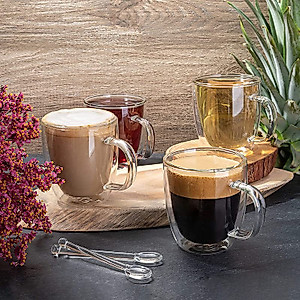 Moss & Stone Set of 4 Double Wall Glass Cup Clear Mug, Double Walled Coffee Mugs 7.4 Oz, Glass Tea Mugs, Insulated Coffee Mug With Handle & 2 Glass Spoons