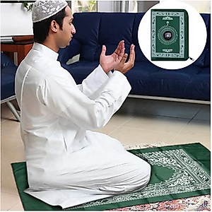 HAHTGSO Prayer Rug, Prayer Rug Muslim Travel Prayer Mat Pocket Prayer Mat, Pockets Prayer Rug Mat Pockets Prayer Rug Mat Muslim Sets Islam Prayer Mat Travel Essentials 60x100cm (Grass Green)