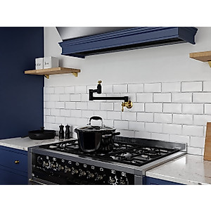 Anzzi Wall Mount Pot Filler Faucet, Double Joint Swing Arms, Single Hole, Solid Brass Interior, Stainless Steel Finish, Matte Black & Brushed Gold, 2 Handle (KF-AZ259MBBG)