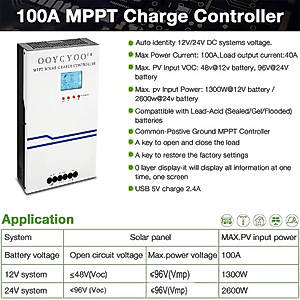100 Amp MPPT Solar Charge Controller 24V 12V Auto, 100A Solar Panel Regulator Max Input Power 2500W, for AGM Sealed Gel Flooded Lithium Battery