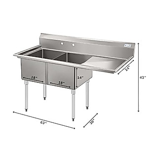 KoolMore 63 in. 18-Gauge 2-Compartment Commercial Sink with Backsplash and 24 in. Right Drainboard, Bowl dimensions 18"x24"x14" in Stainless-Steel (KM-SB182414-24R3)