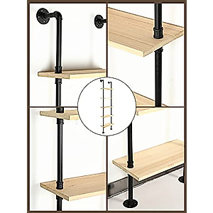 5 Tier Modern Bookcase Wall Mount Ladder Bookshelf Include Wood Planks Industrial Pipe Shelf Book Display Rack Metal Pipes and Wood Shelves Stand Black Corner Frame Bookcase (Natural Wood Board)