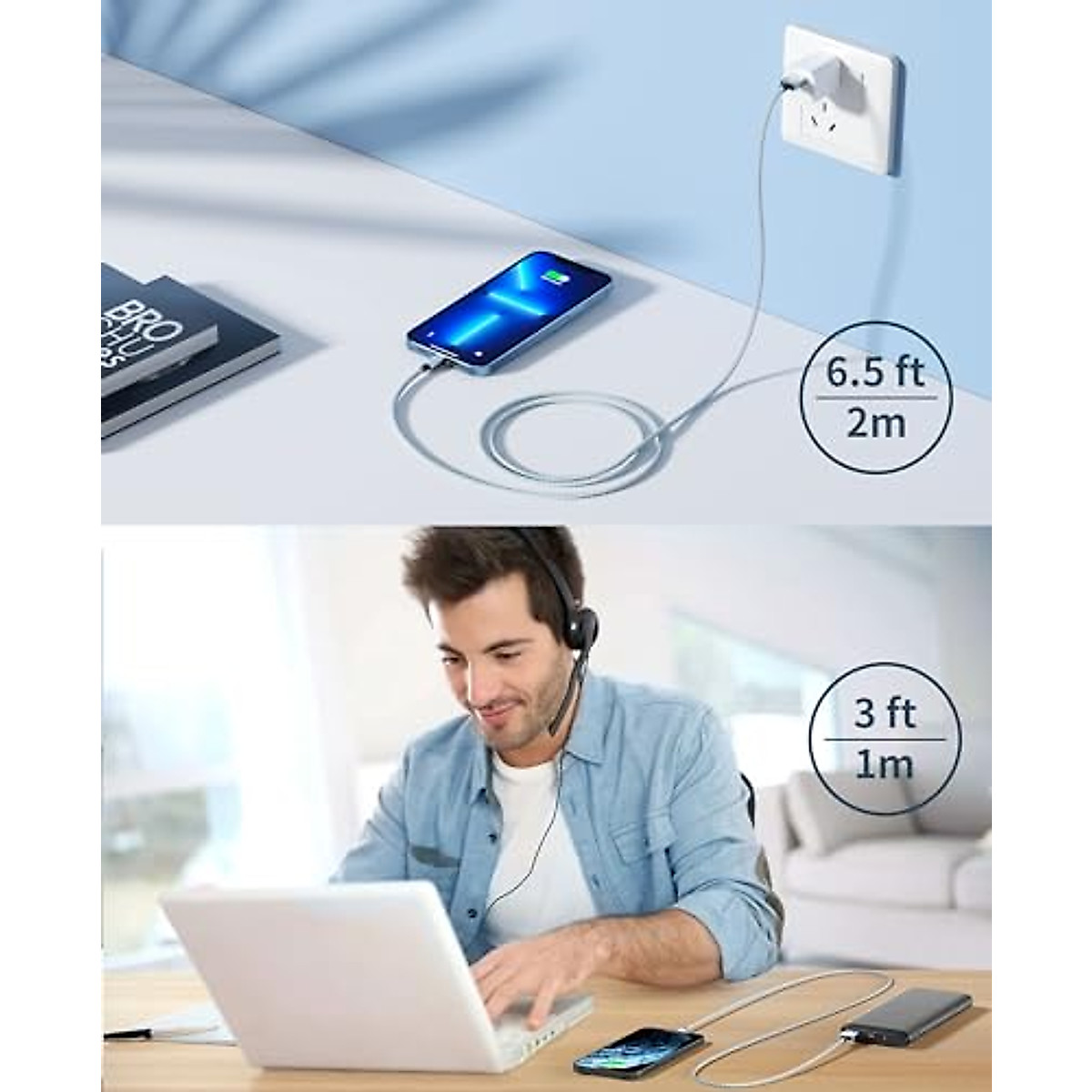 IDISON MFi Certified iPhone Charger, 4Packs(3/6/6/10FT) USB iPhone Charging Cable Nylon Braided Fast Charging Cord Compatible for iPhones/Pad(Gray +White)