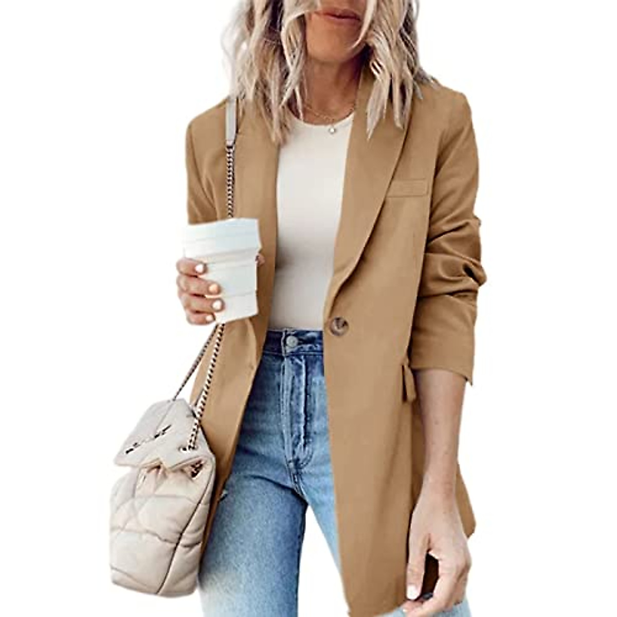 Cnkwei Womens Blazer for Work Casual Long Sleeve Lapel Collar Open Front Button Solid Color Blazer Jackets with Pockets Khaki