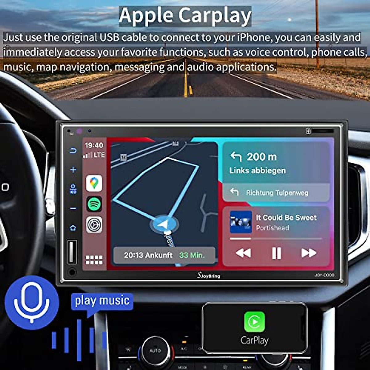 Double Din Car Stereo Compatible with Apple Carplay, 7 Inch Full HD Capacitive Touchscreen - Bluetooth, Mirror Link, Backup Camera, Steering Wheel, Subwoofer, USB/SD Port, A/V Input, FM/AM Car Radio