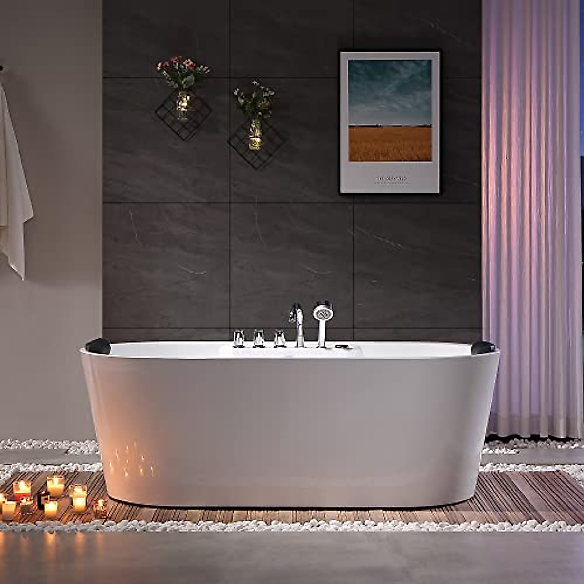 Empava 67 in. Acrylic Freestanding Tub Hydromassage Gracefully Oval Shaped Whirlpool 8 Water Jets Soaking SPA, Double-Ended Massage Bathtub with 2 Pillows , White