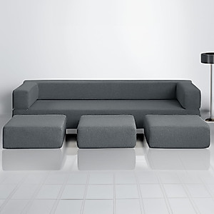 Uoobmope Convertible Floor Sofa Bed, Foldable Sofa Couch with 3 Ottomans, Memory Foam Fold Out Sleeper, Folding Mattress Futon Sofa Bed for Living Room/Bedroom/Studio-Dark Grey