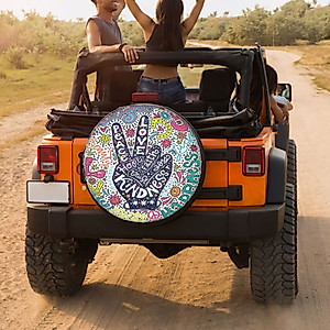 KiuLoam Floral Peace Sign Gesture Spare Tire Cover Polyester Universal Sunscreen Waterproof Wheel Covers for Trailer RV SUV Truck and Many Vehicles (17" for Diameter 31"-33")
