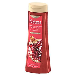 Caress Body Wash for Women, Tahitian Pomegranate & Coconut Milk, Exfoliating Shower Gel for Renewed, Glowing Skin, 20 fl oz, 4 Pack