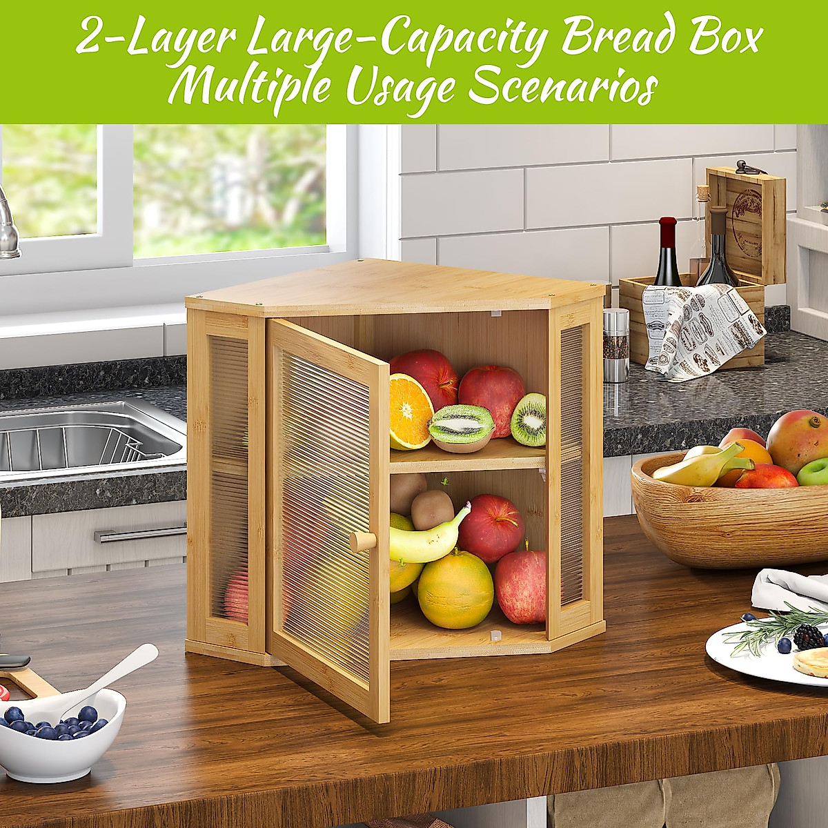 BMOSU Corner Bread Box for Kitchen Countertop Double Layer Large Capacity Bread Storage Bin Farmhouse Bread Container Breadbox Bamboo Wooden Bread Storage And Organizer (Natural, Medium)
