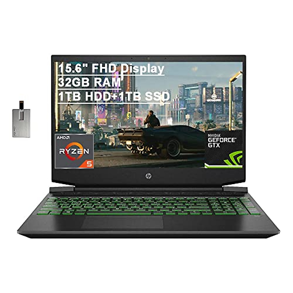 2021 HP Pavilion 15.6" FHD Gaming Laptop Laptop Computer, AMD Ryzen 5-4600H, 32GB RAM, 1TB HDD+1TB SSD, Backlit Keyboard, B&O Audio, HD Webcam, GeForce GTX 1650, Win10, Black, 32GB USB Card