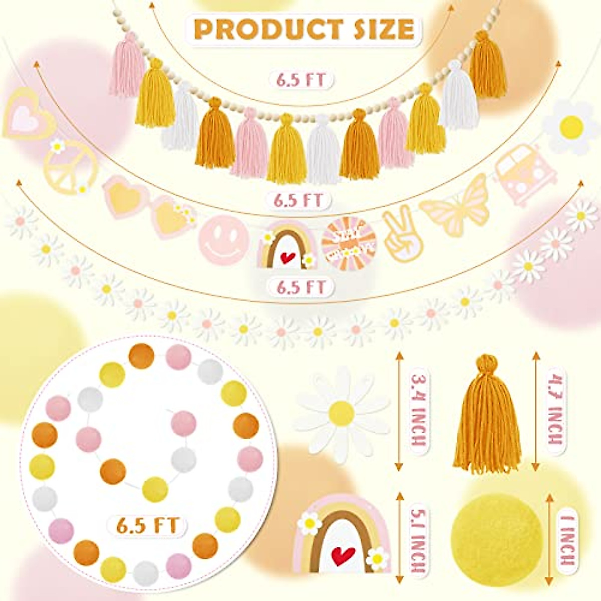 Groovy Party Decoration Garland 5Pcs, Groovy Hippie Banner Daisy Boho Tassel Garland Decor, Pre Strung Pom Pom Spring Party Supplies Hippie Party Decorations for Wall Window Home Room (Pink)