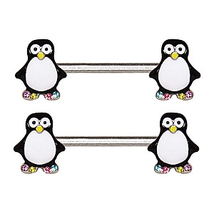 Pierced Owl Animated Penguin with Colorful CZ Crystal Gemmed Feet Nipple Ring Barbells, Sold as a Pair
