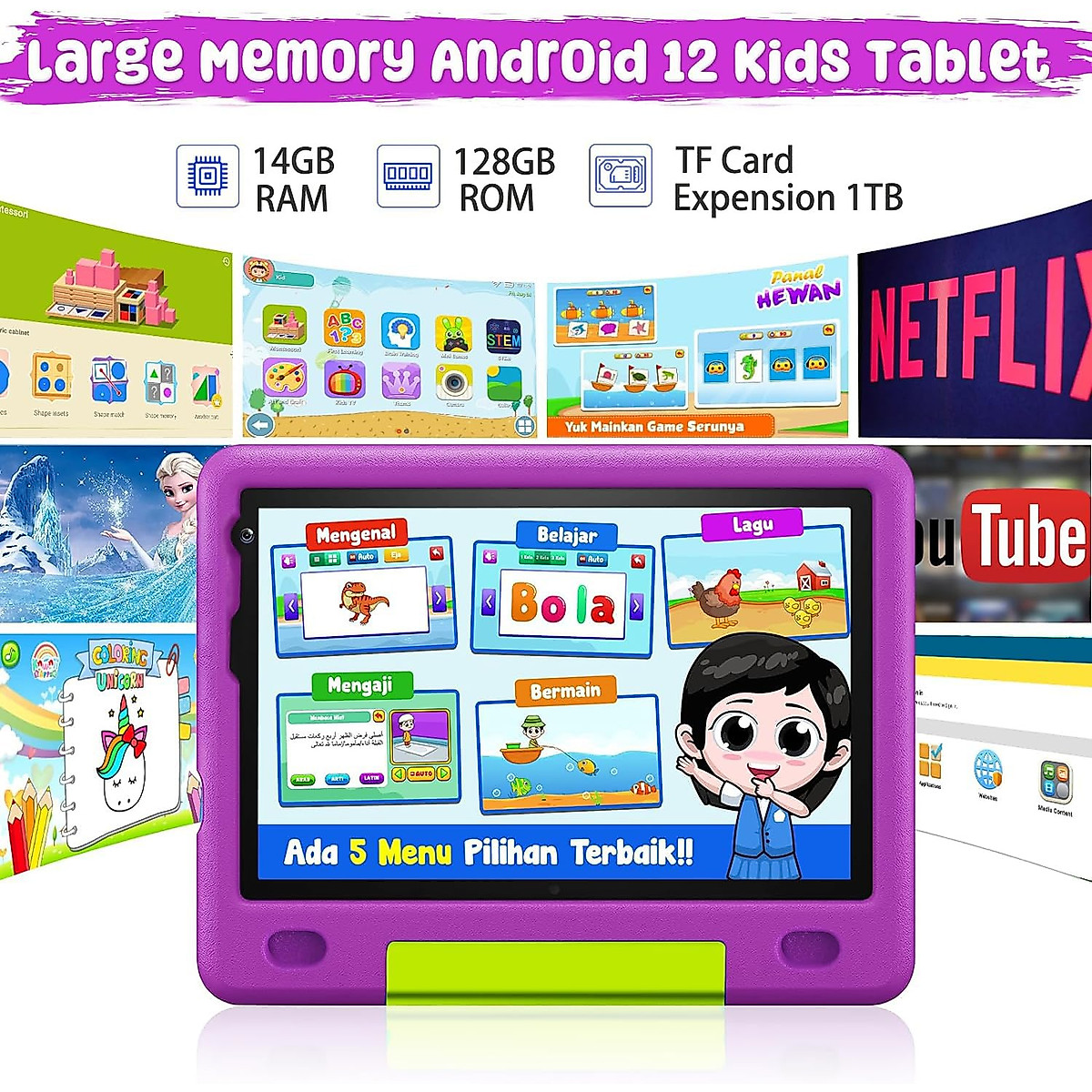 AOYODKG Tablet 9 inch, Android 12 Tablet, 14GB RAM 128GB ROM, 2.4G/5G WiFi Tablet with Shockproof Case, Parental Control, Bluetooth, Educational, Dual Camera, Games, Purple