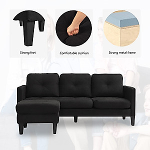 GIODIR Convertible Sectional Sofa Couch, L-Shaped Couch Modern 3-Seat Sofa Set with Reversible Chaise for Small Living Room, Apartment and Small Space (Black)