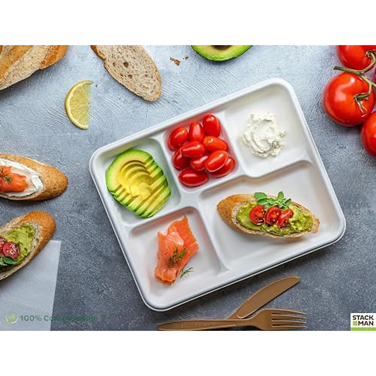 100% Compostable, 5 Compartment, Disposable Paper Plates [125-Pack] - {PFAS Free} - {BPA Certified} - [10 Inch] Heavy Duty Biodegradable Bagasse Sectional Lunch Trays + Dividers - Divided Platter Tray