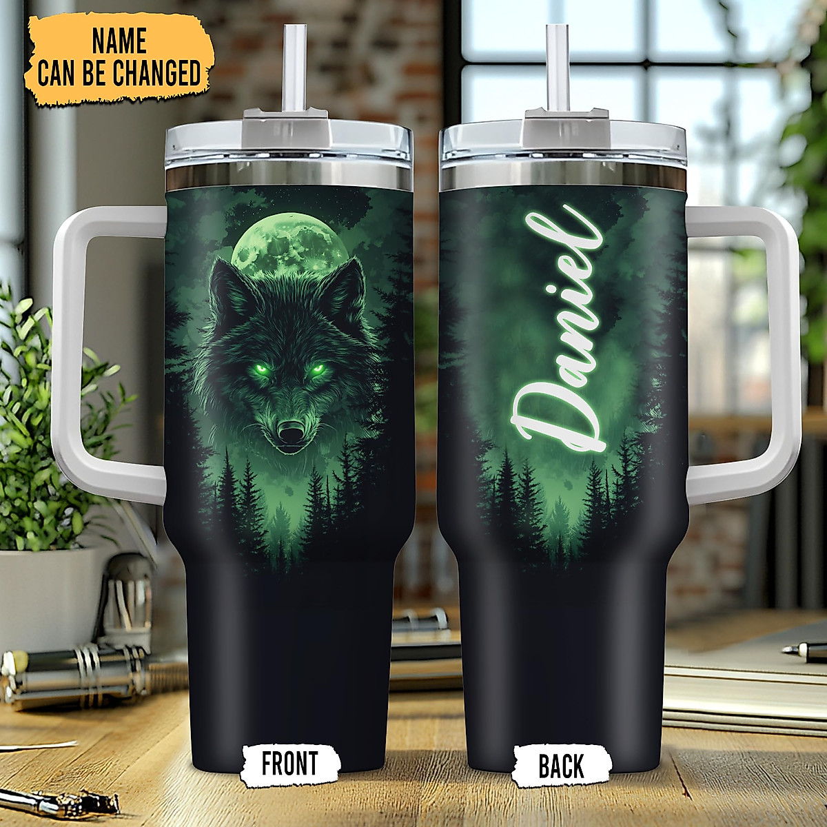 FOXCORNER Personalized Green Wolf Tumbler 40oz with Handle & Straw for Wolf Lovers, Wolfs Present for Men Women on Birthday Christmas, Custom Name Stainless Steel Travel Coffee Cup, Animal Lover Gifts