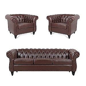 Melpomene Modern Faux Leather 3 Pieces Sofa Set Furniture, Including 3-Seater Sofa and 2 Sofa Chairs with Rolled Arm for Living Room(Brown,1+1+3 seat)