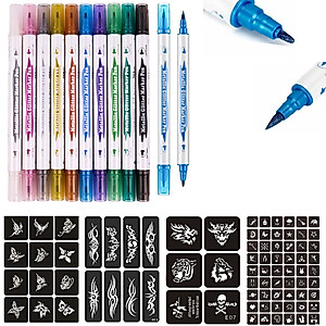 Temporary Tattoo Markers for Skin,10-Count Body Markers+80 Large Tattoo Stencils of Assorted Colors for Kids and Adults,Dual-End Tattoo Pens Bold and Fine Line with Cosmetic-Grade Temporary Tattoo Ink
