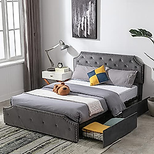 ANJ Queen Bed Frame with 4 Drawers, Adjustable Button Tufted Headboard, Velvet Upholstered Platform Bed with Easy-Assembly Wood slats, Fits 6" to 12" Mattress, Queen Size, Grey