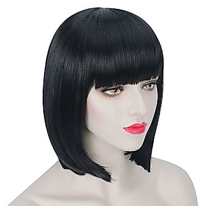 WELLKAGE 14 inches Halloween Party Short Straight Black Bob Hair Wigs