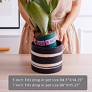 Nihow Modern Ceramic Plant Pot - 5 + 7 Inch Flower Pot for All Indoor Plants - Sturdy Planter Pots with Drainage Hole & Rubber Plugs - Semi-Matte Black & Nature - Plants Not Included