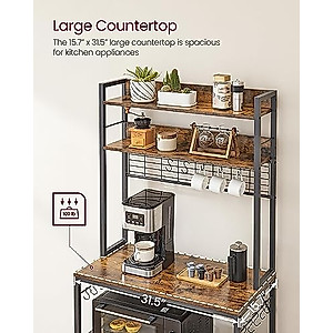 VASAGLE Hutch Bakers Rack with Power Outlet, 14 Hooks Microwave Stand, Adjustable Coffee Bar with Metal Wire Panel, Kitchen Storage Shelf, 15.7 x 31.5 x 66.9 Inches, Rustic Brown and Black UKKS025B01