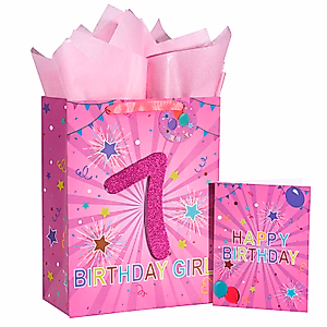 Loveinside Birthday Pink Gift Bag with Tissue Paper, Gift Tag and Greeting Card for 7th Girl Birthday, Party, Baby Shower and More - 10" x 5" x 13", 1 Pcs - 7th Birthday