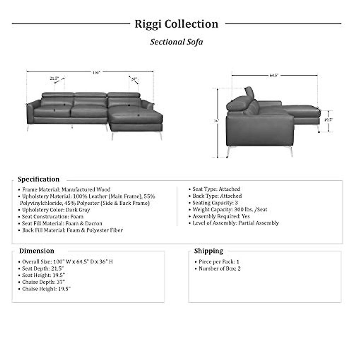 Lexicon Riggi Sectional Sofa Chaise, Gray